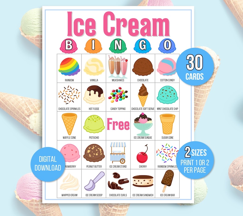 Ice Cream Bingo, 30 Printable Ice Cream Bingo Cards, Ice Cream Birthday ...