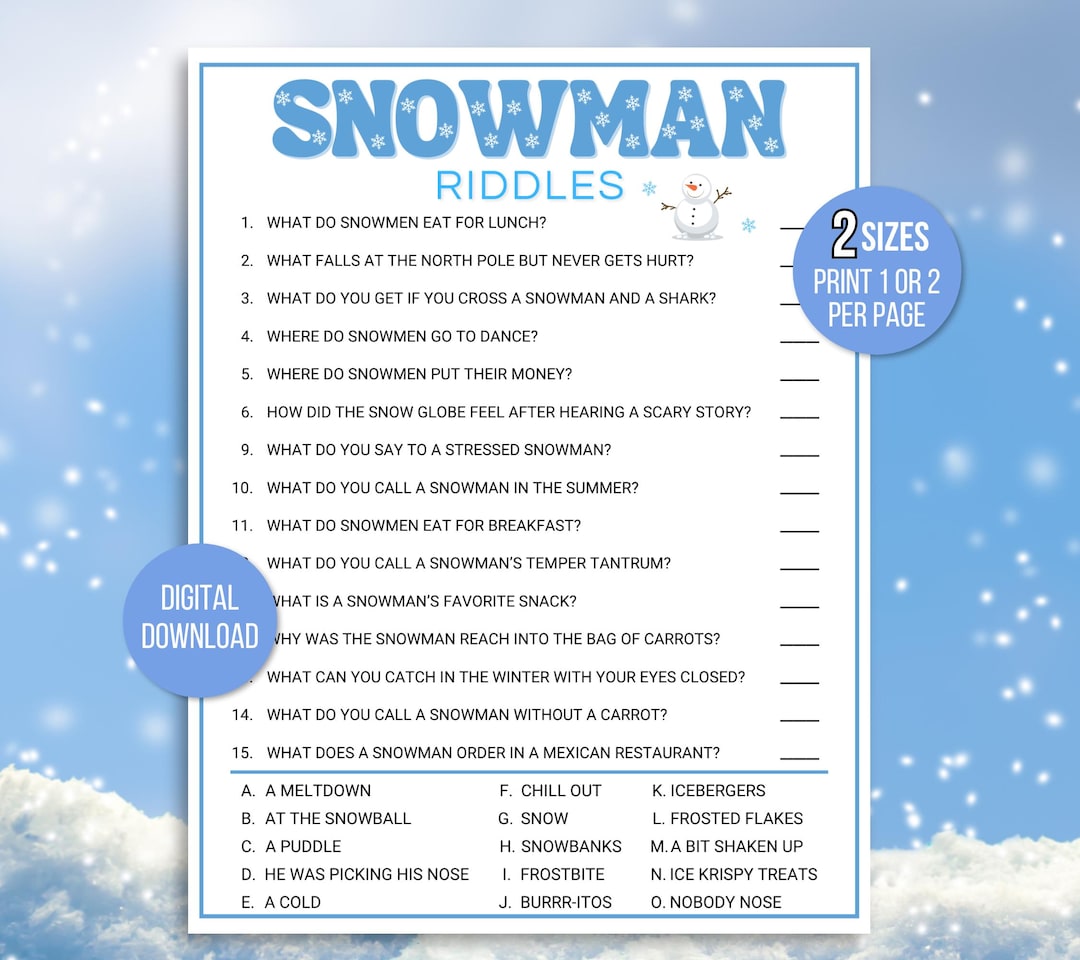 Snowman Riddles, Winter Riddles, Printable Snowman Riddles, Winter ...