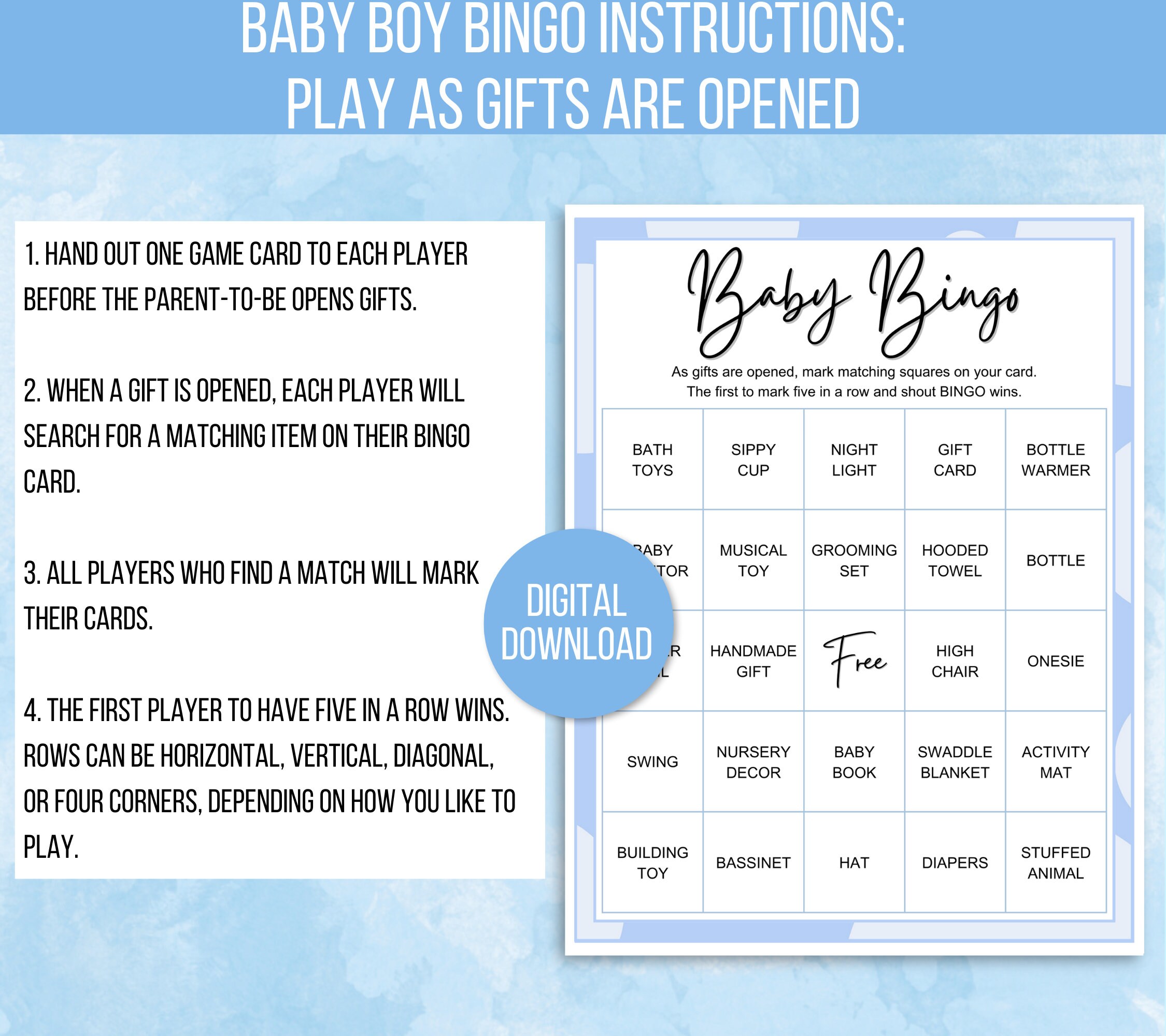 Baby Boy Bingo, 60 Baby Boy Bingo Cards, Baby Shower Bingo, Baby Shower ...
