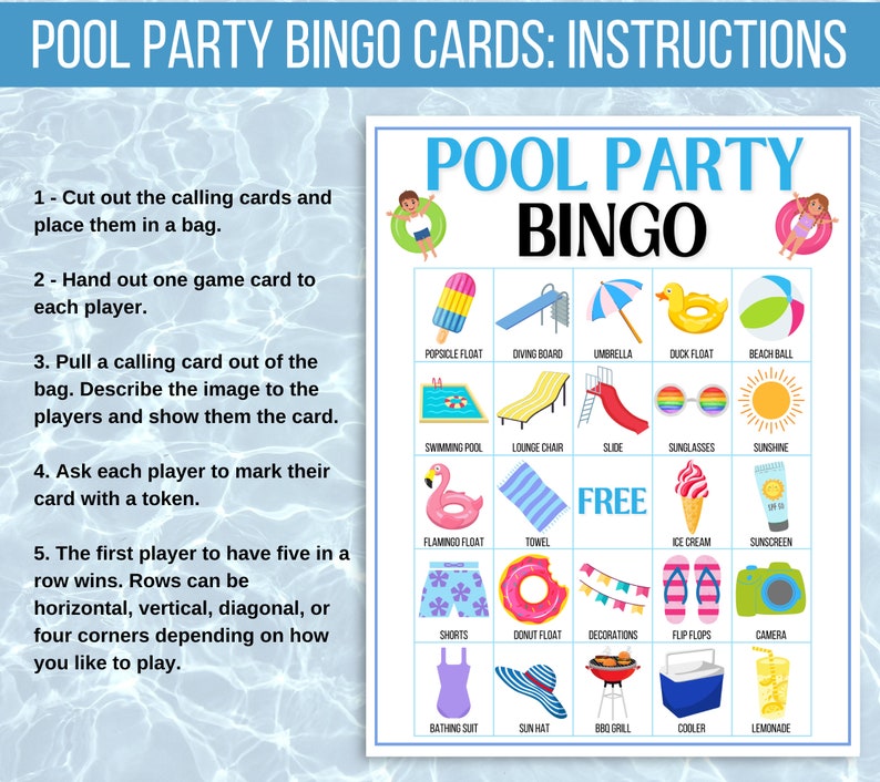 Pool Party Bingo, 30 Unique Printable Pool Bingo Cards, Pool Party Game ...
