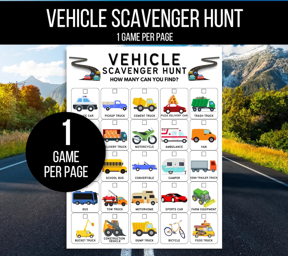 Road Trip Scavenger Hunt for Kids, Vehicle Scavenger Hunts, Road Trip ...