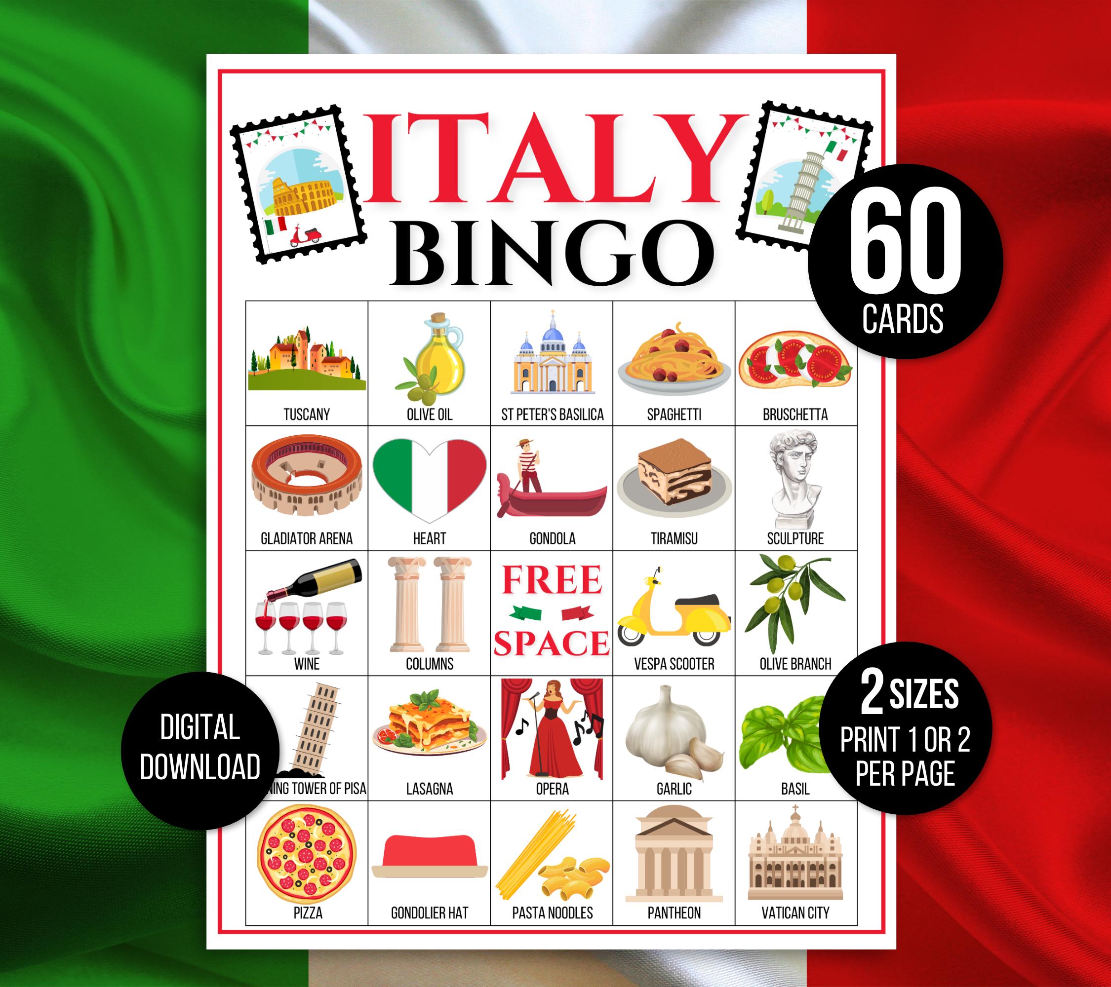 Italy Bingo, 60 Italy Travel Bingo Cards, Travel Bingo, Italian Bingo ...