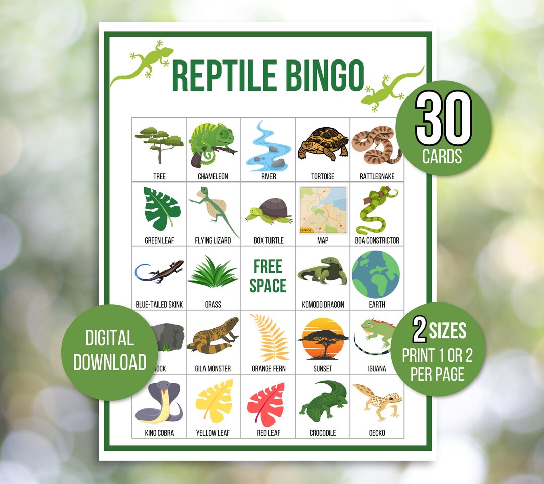 Reptile Bingo, 30 Printable Reptile Bingo Cards, Reptile Party Game ...