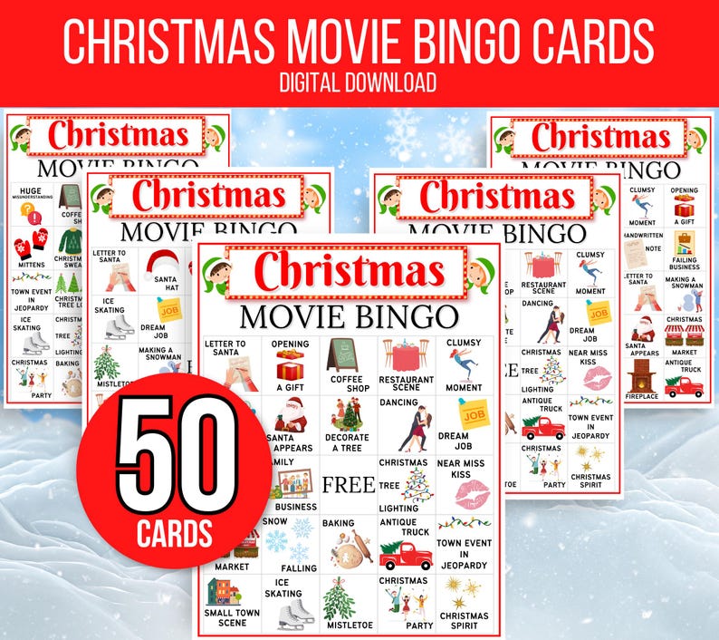 Christmas Movie Bingo, 50 Christmas Bingo Cards, Hallmark Movie Bingo ...