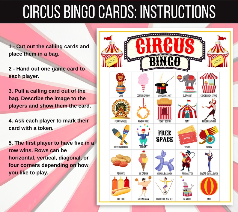 Circus Bingo, 30 Printable Circus Bingo Cards, Circus Party Game ...
