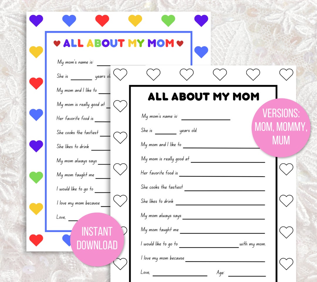 All About My Mom Fill in the Blanks Questionnaire, Mother's Day Craft ...