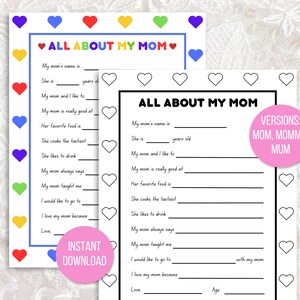 All About My Mom Fill in the Blanks Questionnaire, Mother's Day Craft ...