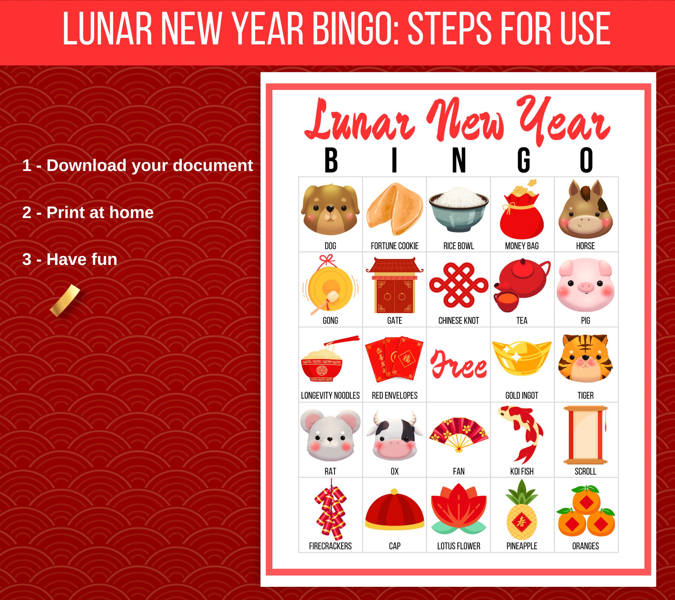 Lunar New Year Bingo, 30 Lunar New Year Bingo Cards, Lunar New Year ...
