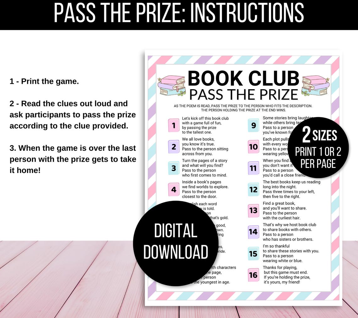 Book Club Pass the Gift Games, Book Club Pass the Prize Games, Book ...