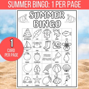 Summer Bingo, 20 Summer Bingo Cards, Coloring Bingo Game, Summer Game ...