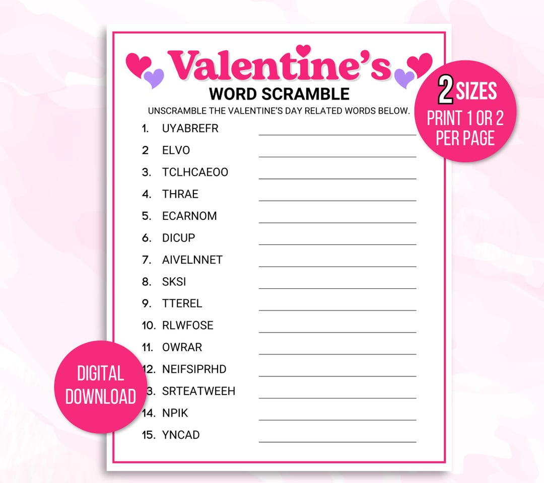 Valentine's Day Word Scramble, Valentine's Word Scramble, Fun Valentine ...