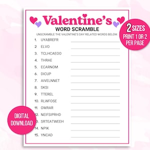 Valentine's Day Word Scramble, Valentine's Word Scramble, Fun Valentine ...