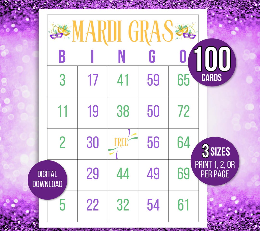 Mardi Gras Bingo, 100 Mardi Gras Bingo Cards, Mardi Gras Party Game ...