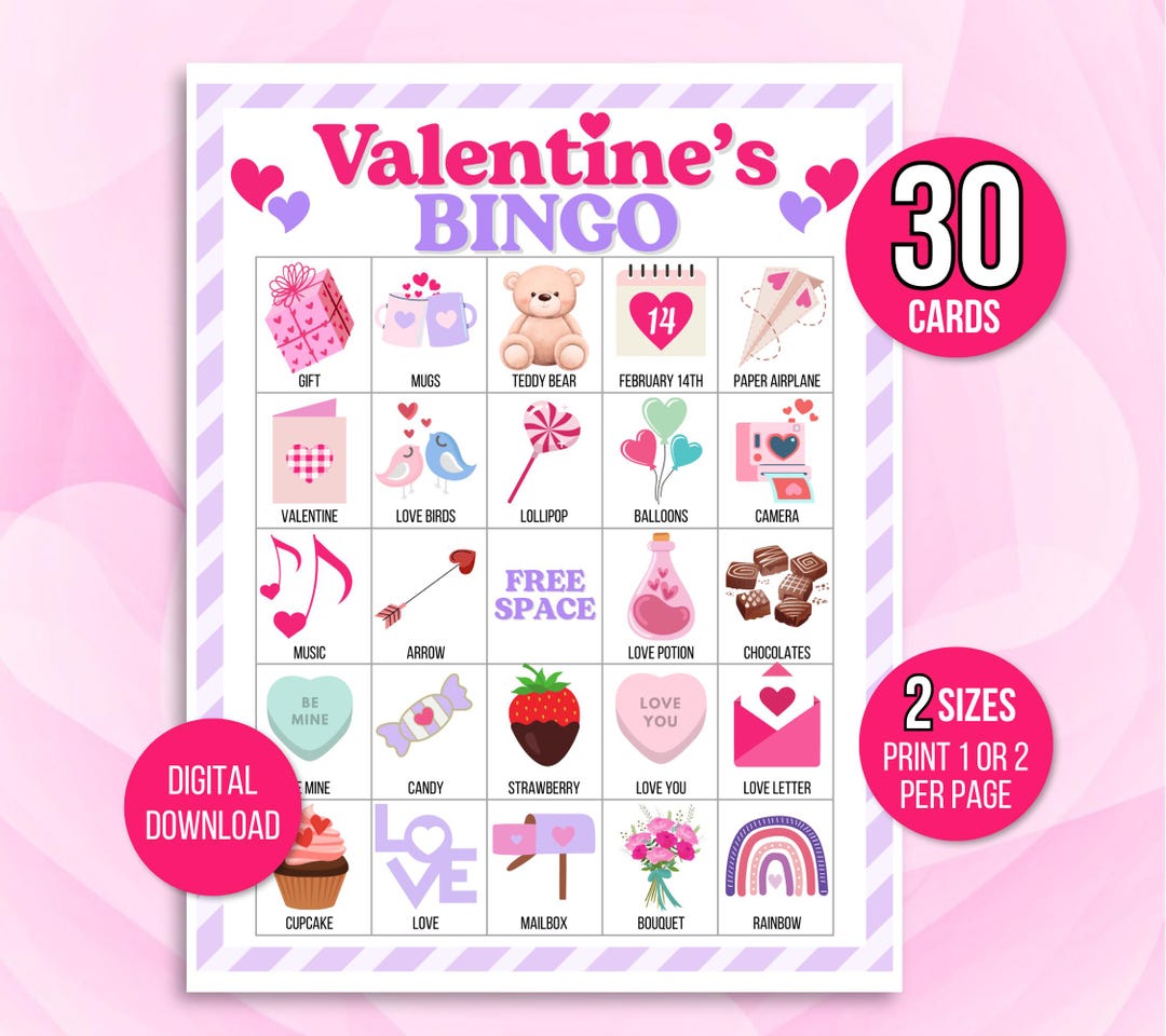 Valentine's Day Bingo, 30 Valentine's Day Bingo Cards, Valentine's Day ...
