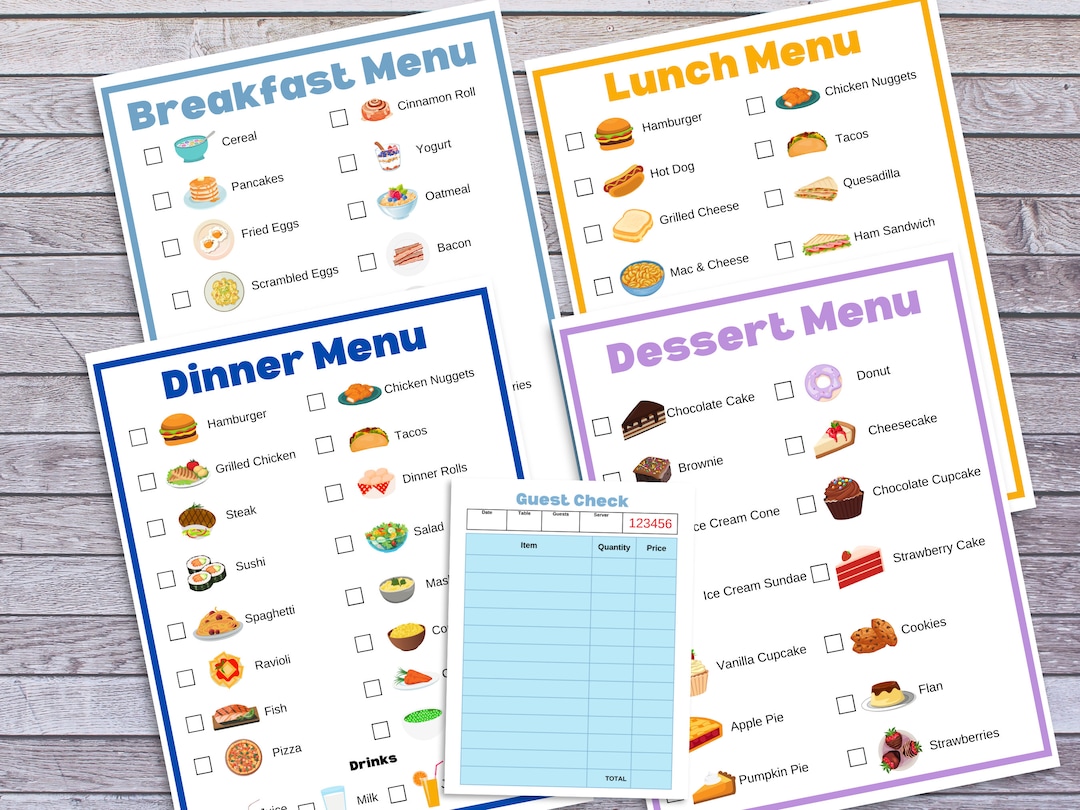 Pretend Play Menus, Pretend Restaurant Menus, Kids Play Menus, Kitchen ...