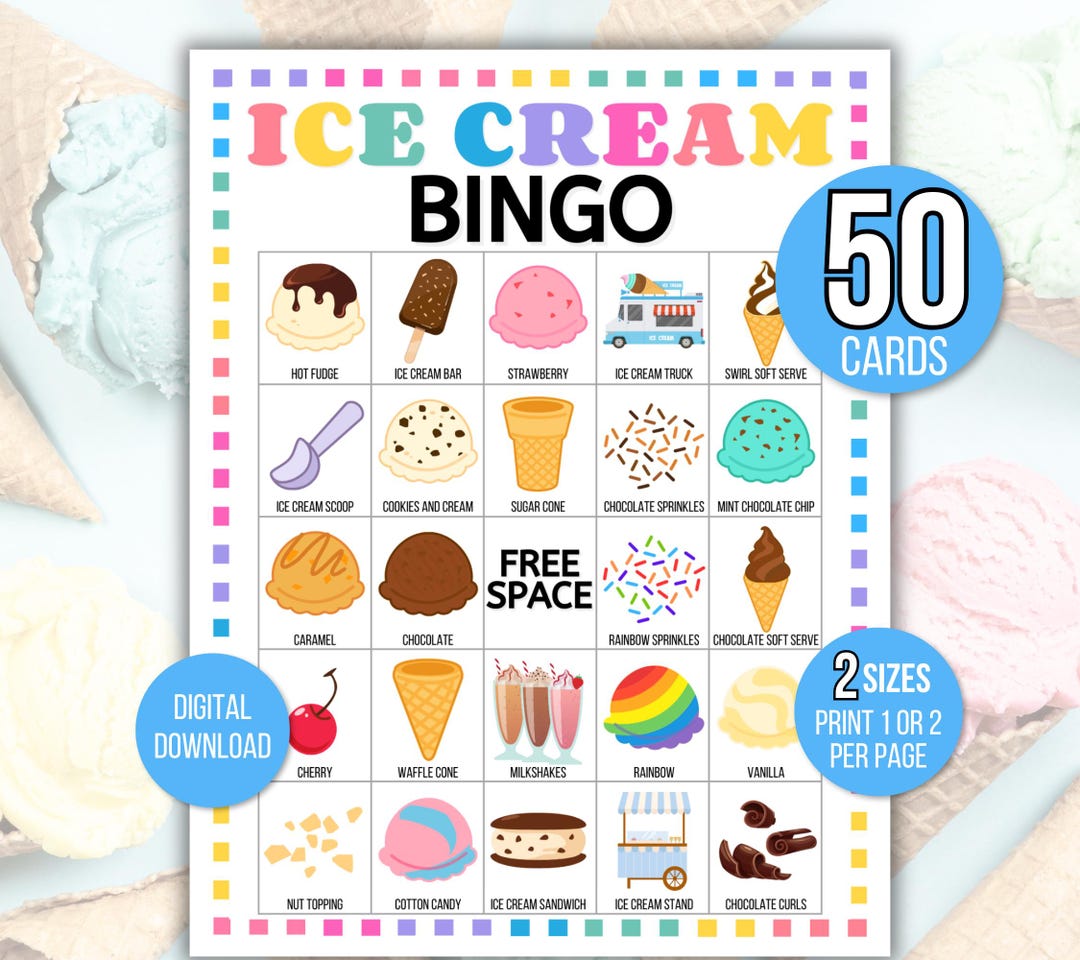 Ice Cream Bingo, 50 Printable Ice Cream Bingo Cards, Ice Cream Birthday ...