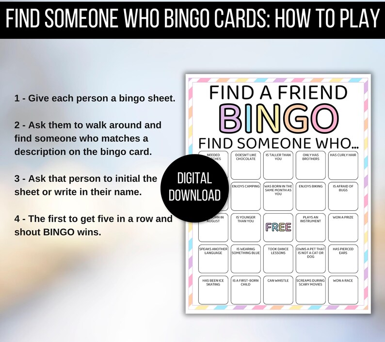 Find a Friend Bingo, Find A Friend Bingo Template, Find Someone Who ...