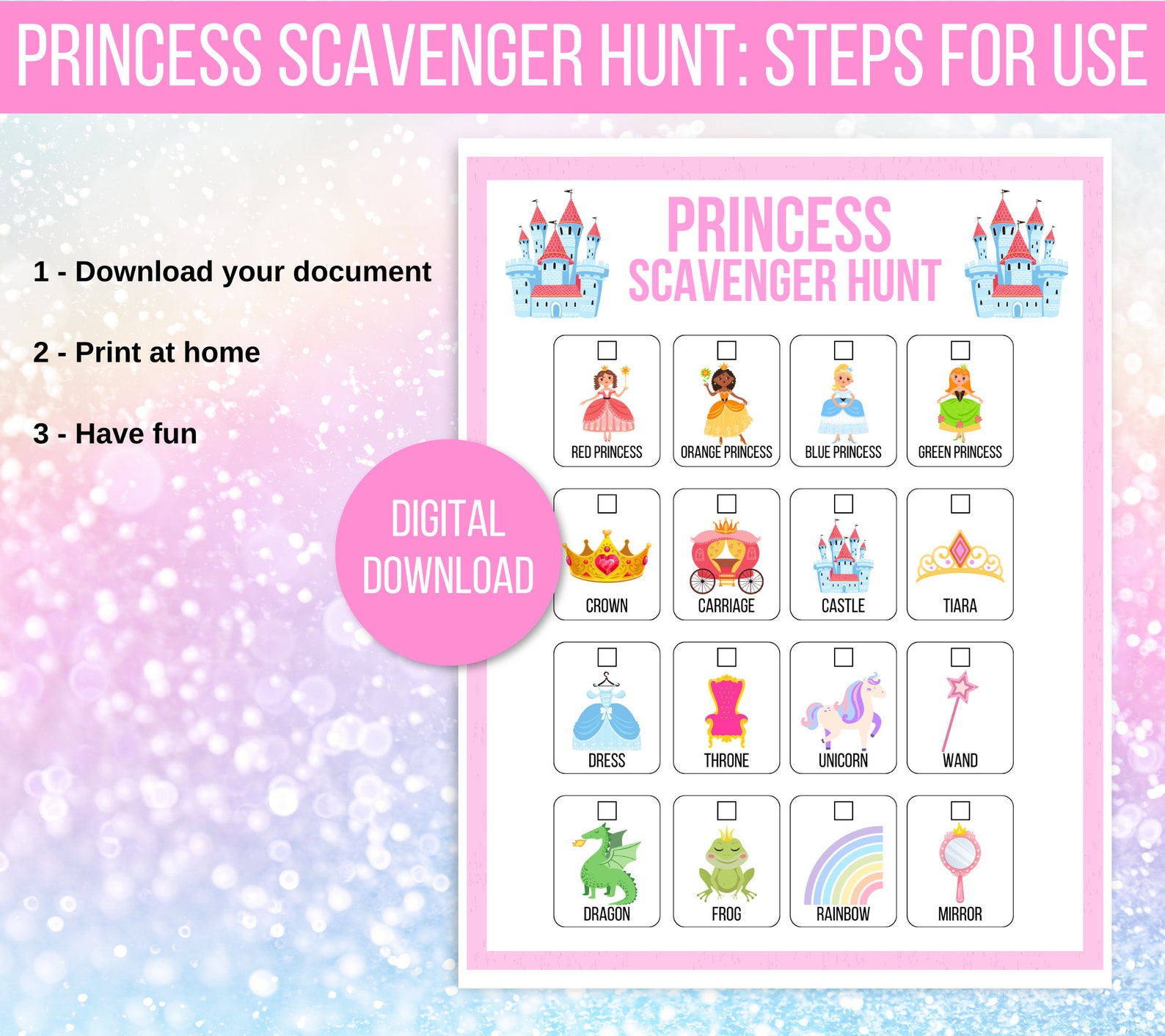 Princess Scavenger Hunt, Printable Princess Party Game, Princess ...