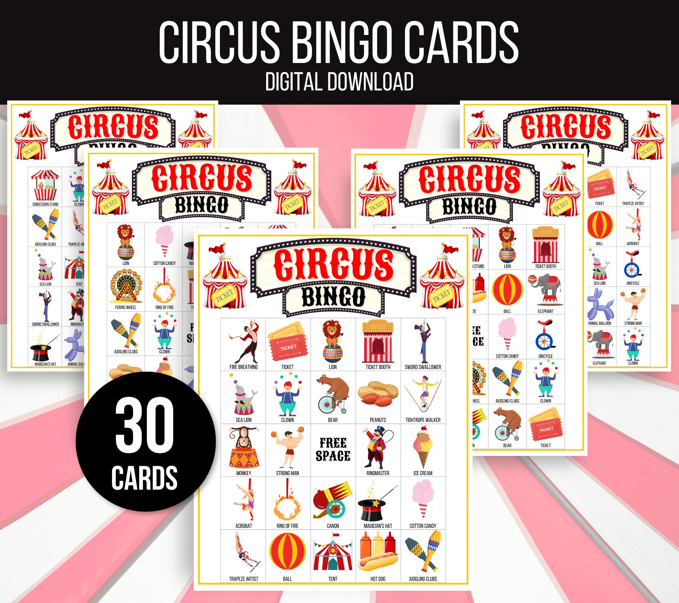 Circus Bingo, 30 Printable Circus Bingo Cards, Circus Party Game ...
