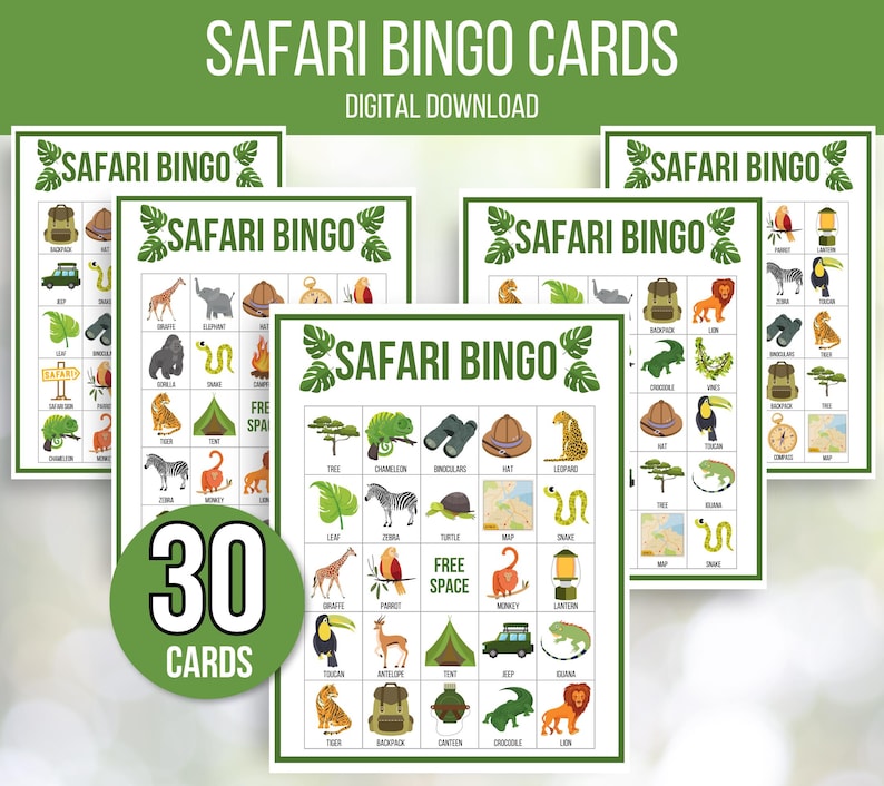 Safari Bingo, 30 Printable Safari Bingo Cards, Safari Party Game ...