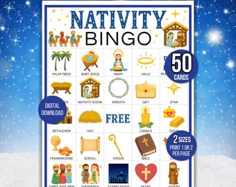 50 Nativity Bingo Cards, Bible Game, Baby Jesus Bingo, Christmas Game ...