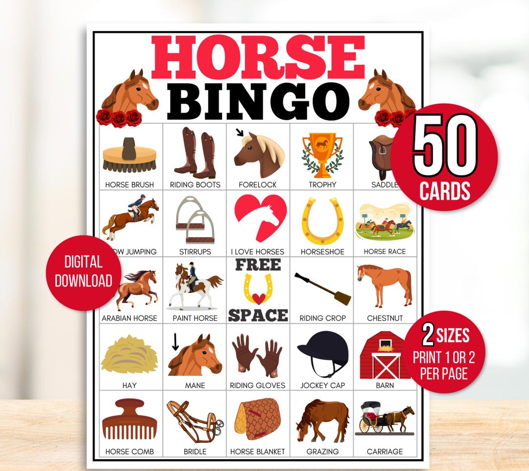Horse Bingo, 50 Horse Bingo Cards, Horse Game, Horse Game for Kids ...
