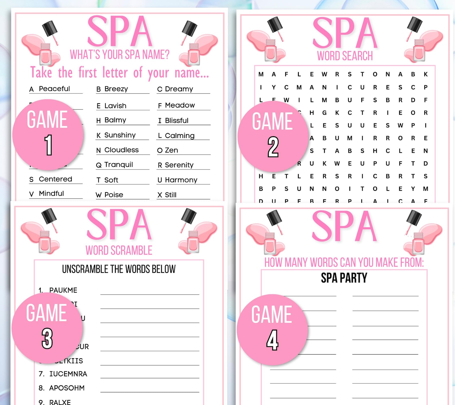 Spa Party Games Printable, Spa Party Activities, Girls Spa Party Games ...
