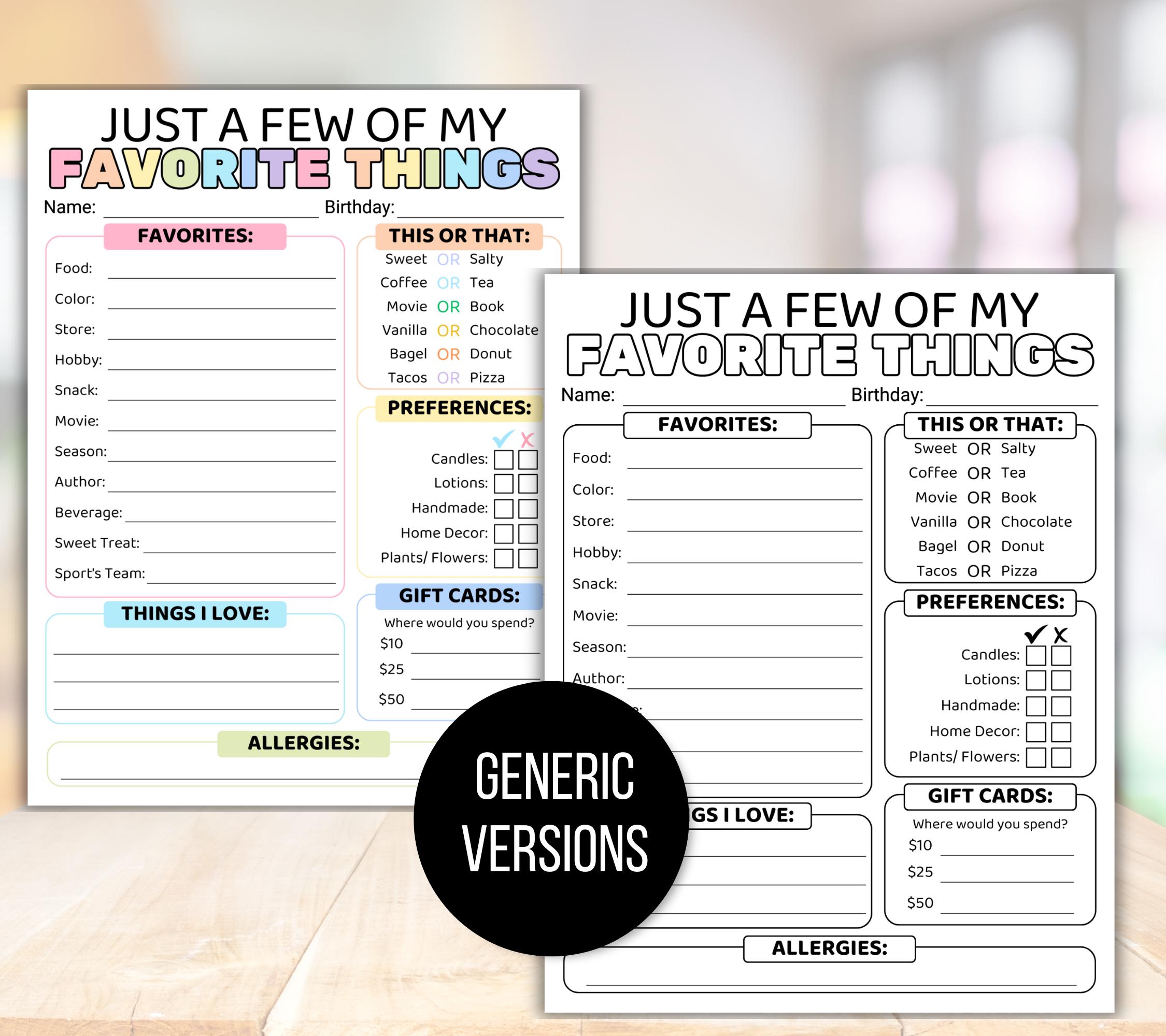 Favorite Things Survey, Favorite Things Form, My Favorite Things Survey ...