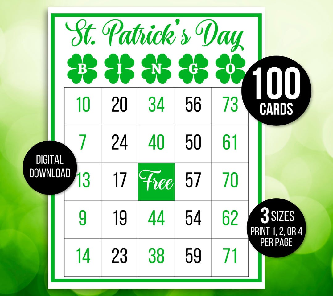 St. Patrick's Day Bingo, 100 St. Patrick's Day Bingo Cards, St. Patrick ...