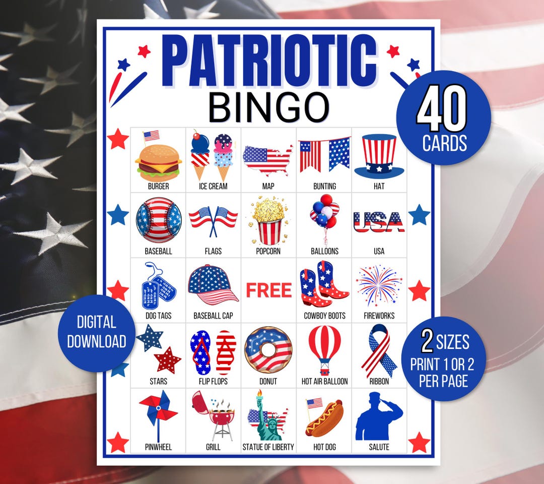 Patriotic Bingo, 40 Patriotic Bingo Cards, Patriotic Bingo, Veteran's ...