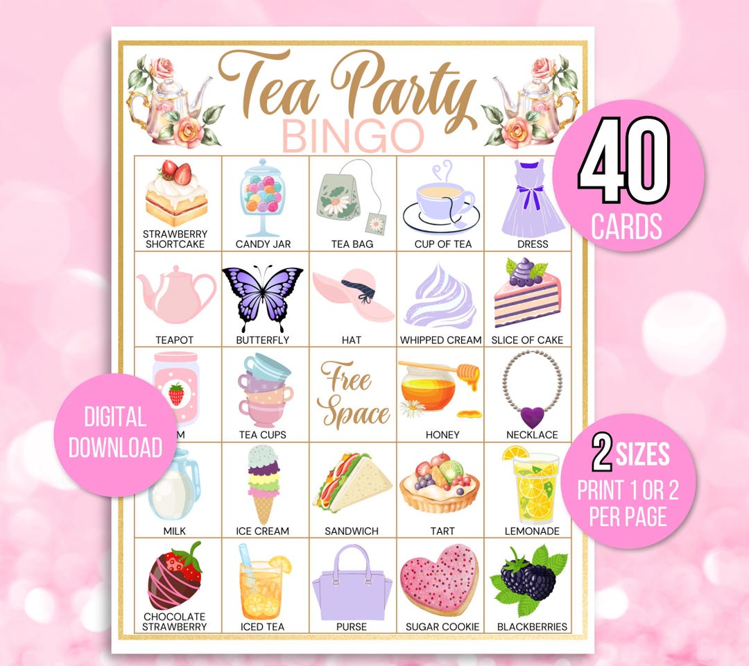 Tea Party Bingo, 40 Unique Printable Tea Party Bingo Cards, Tea Party ...