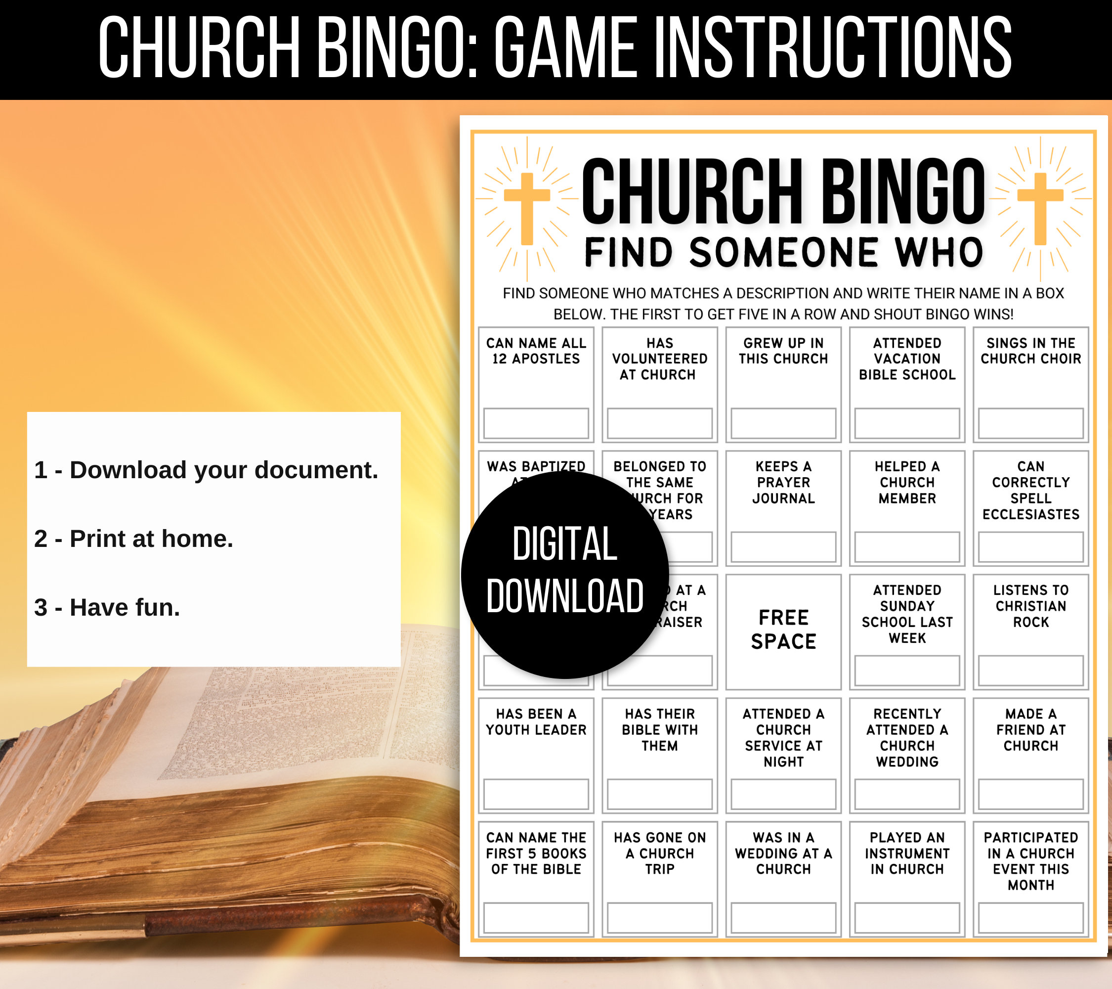 Church Bingo, 50 Church Bingo Cards, Christian Bingo, Find Someone Who ...