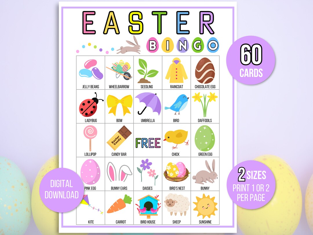 Easter Bingo, 60 Printable Easter Bingo Cards, Easter Activity for Kids ...