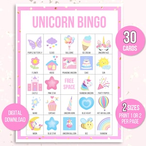 Unicorn Bingo, 30 Printable Unicorn Bingo Cards, Unicorn Birthday ...