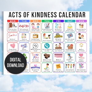 Kindness Calendar, Acts of Kindness Calendar, Kid's Kindness Challenge ...