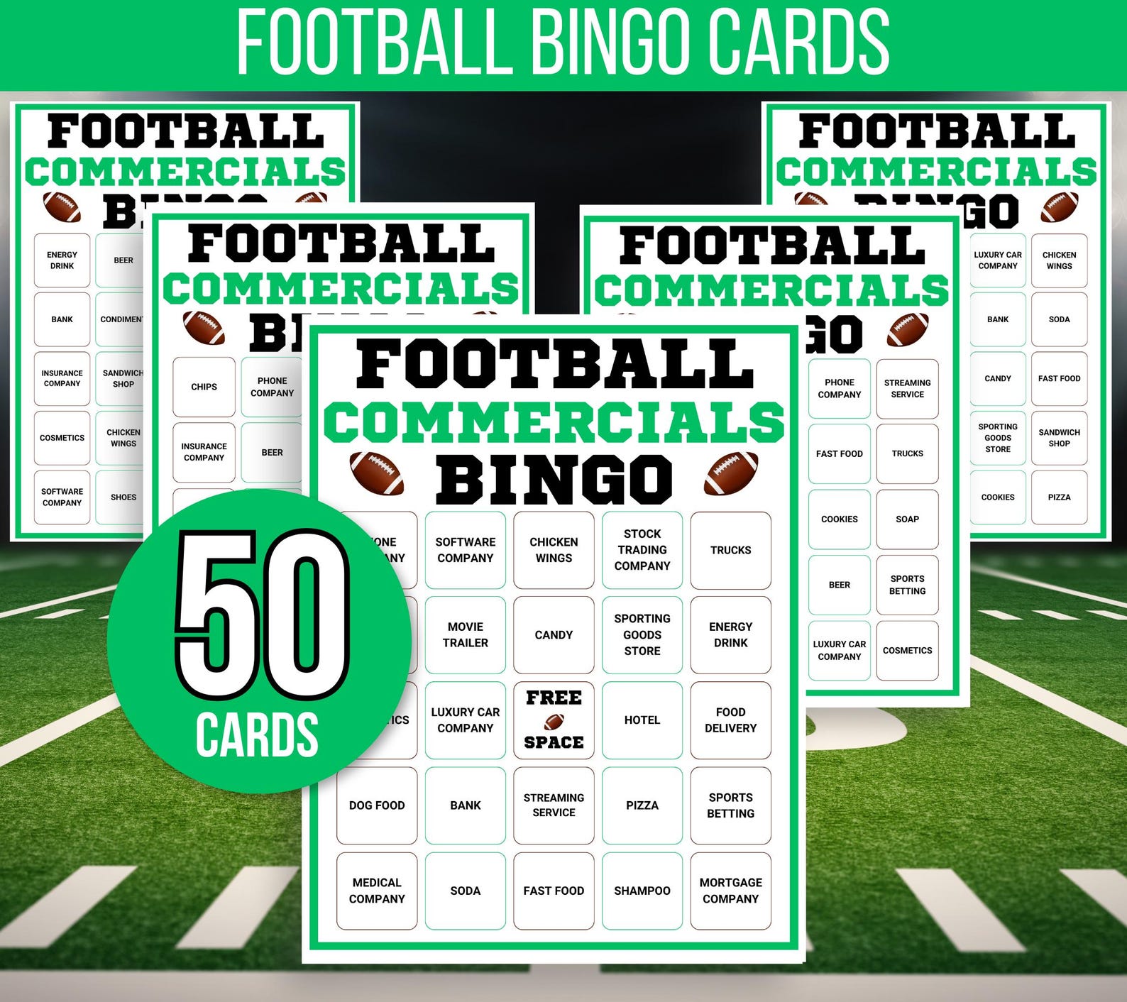 Football Commercials Bingo, 50 Big Game Day Bingo Cards, Football Watch ...