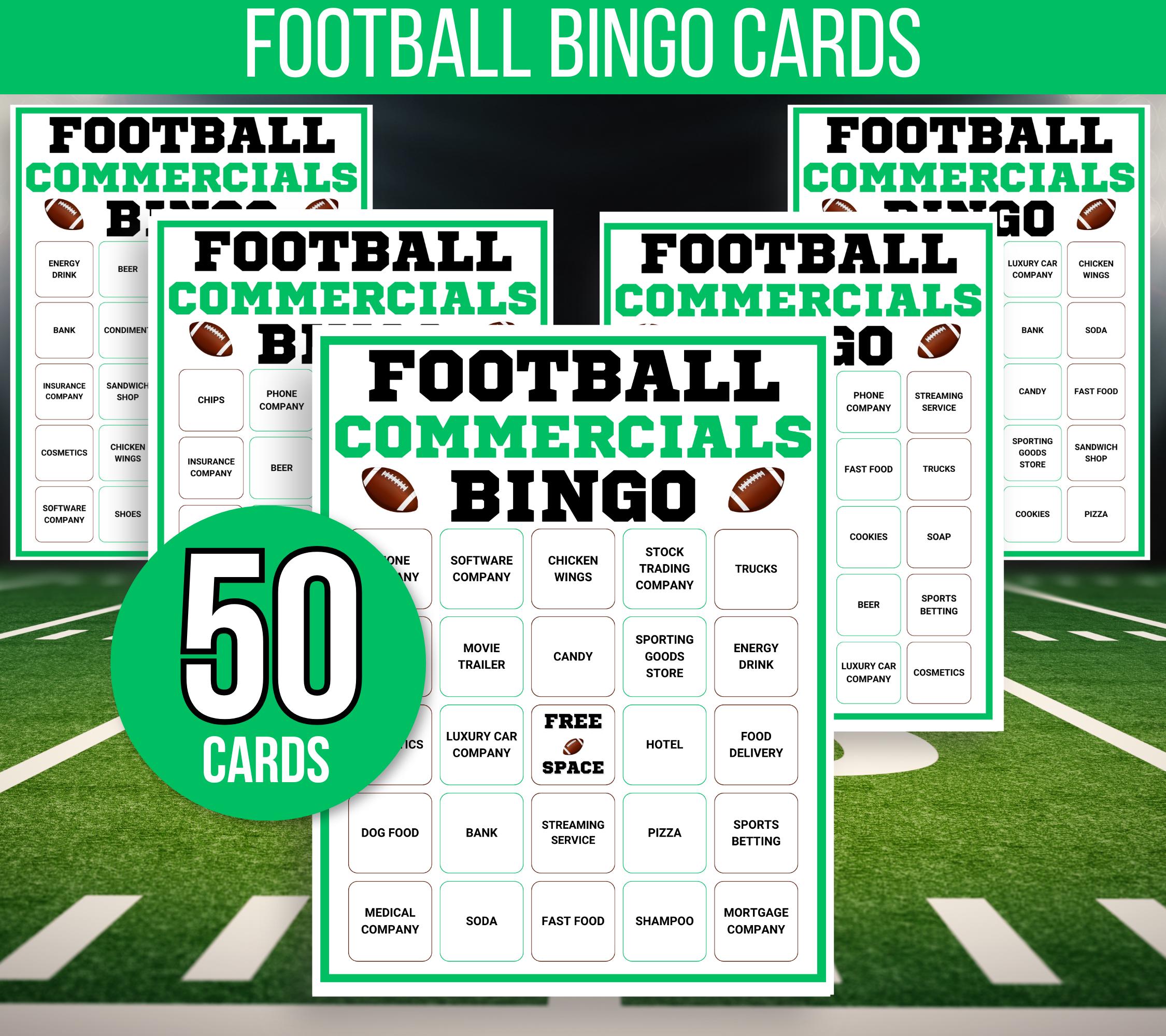 Football Commercials Bingo, 50 Big Game Day Bingo Cards, Football Watch ...