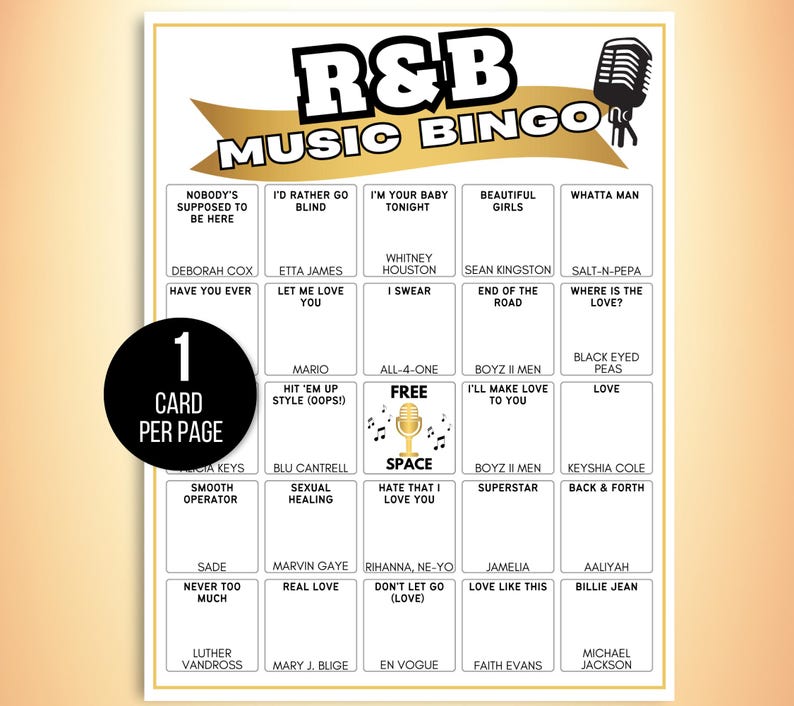 R & B Bingo, Rhythm and Blues Song Bingo, Blues Music Bingo, 100 ...