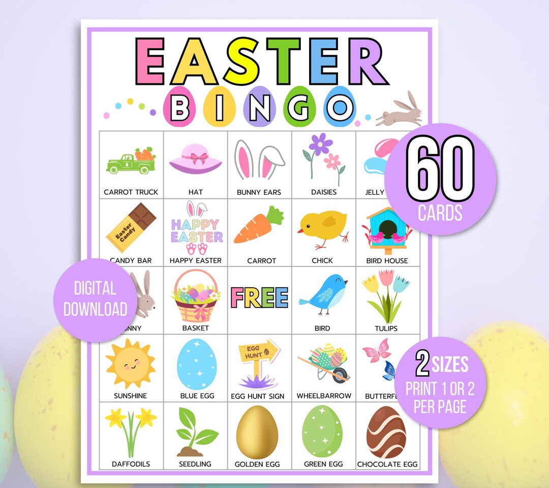 Easter Bingo, 60 Printable Easter Bingo Cards, Easter Activity for Kids ...