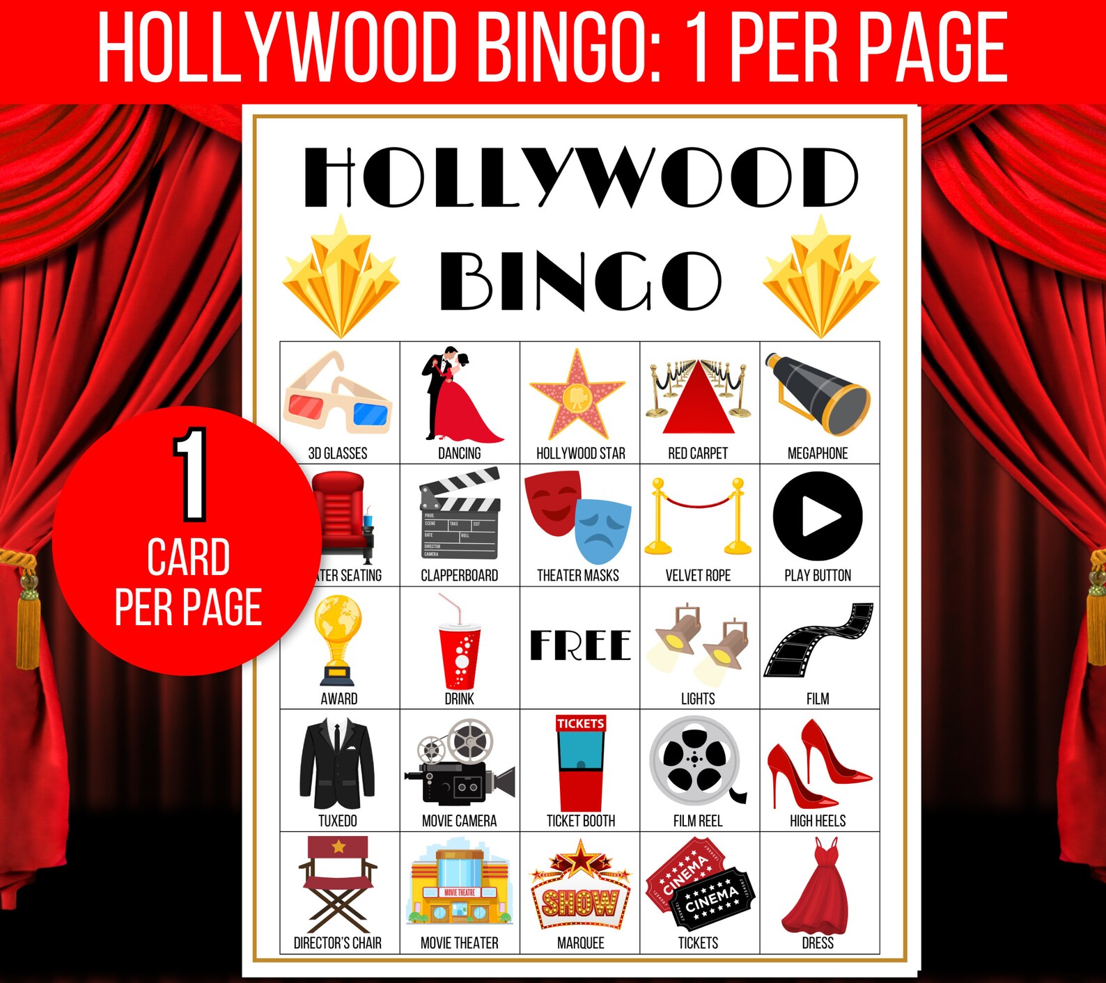 Movie Bingo, 30 Movie Bingo Cards, Hollywood Bingo, Movie Night Bingo ...