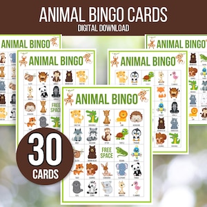 Animal Bingo, 30 Printable Animal Bingo Cards, Animal Party Game ...