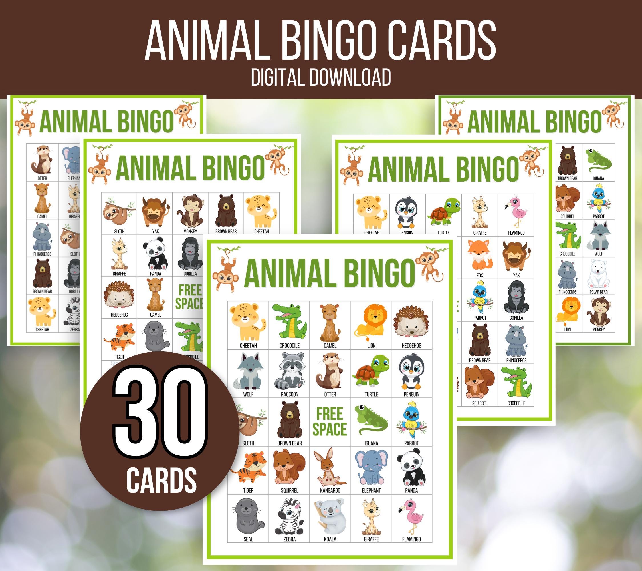 Animal Bingo, 30 Printable Animal Bingo Cards, Animal Party Game ...