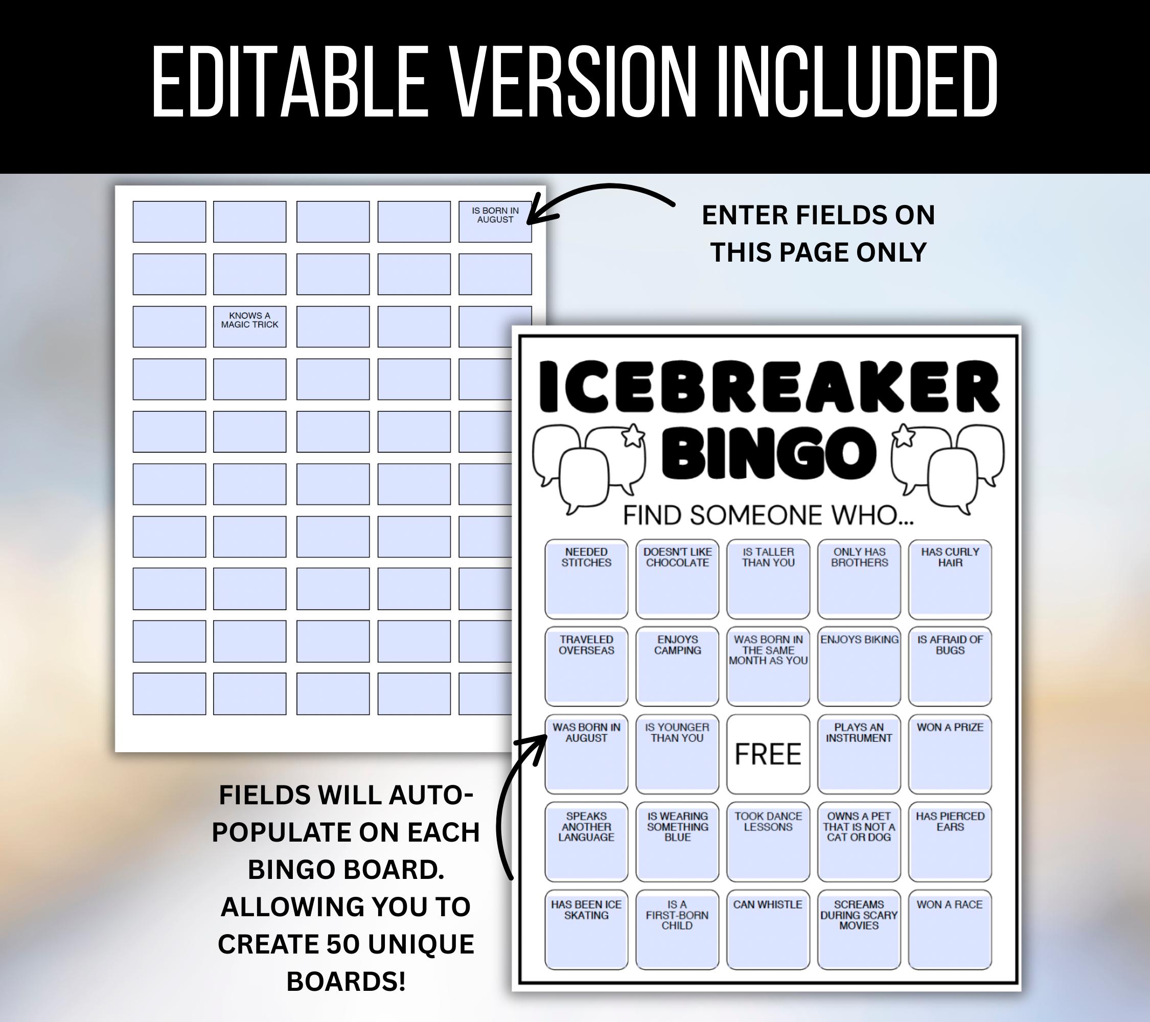 Icebreaker Bingo, Editable Icebreaker Bingo, Find Someone Who Bingo ...