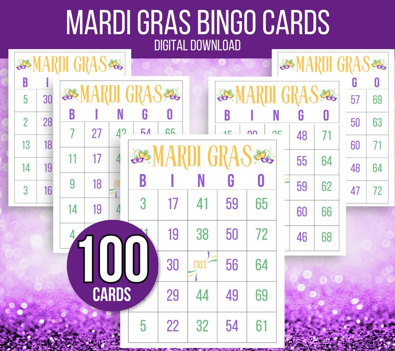 Mardi Gras Bingo, 100 Mardi Gras Bingo Cards, Mardi Gras Party Game ...