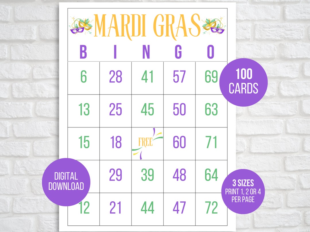 Mardi Gras Bingo, 100 Mardi Gras Bingo Cards, 1, 2, or 4 per Page ...