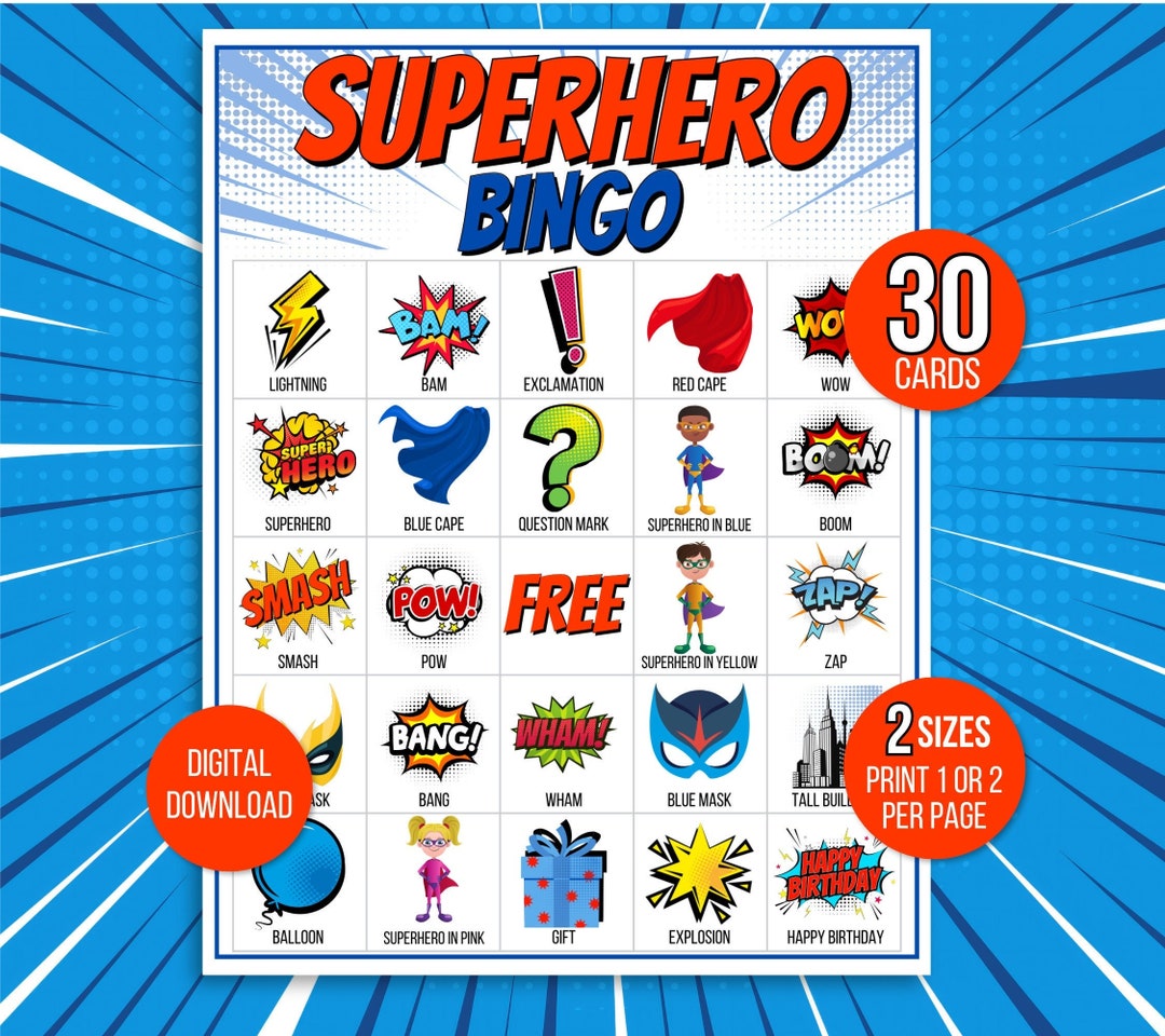 Superhero Bingo, 30 Superhero Bingo Cards, Superhero Game, Superhero ...