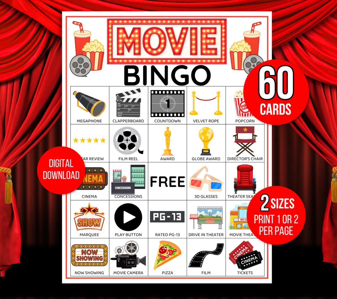Movie Bingo, 60 Movie Bingo Cards, Movie Night Bingo, Cinema Bingo ...