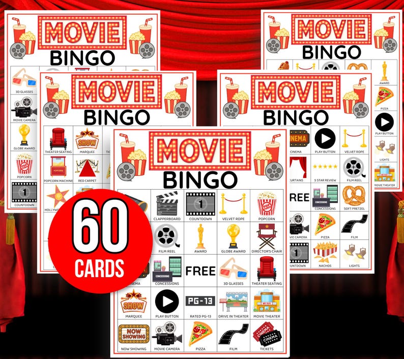 Movie Bingo, 60 Movie Bingo Cards, Movie Night Bingo, Cinema Bingo ...
