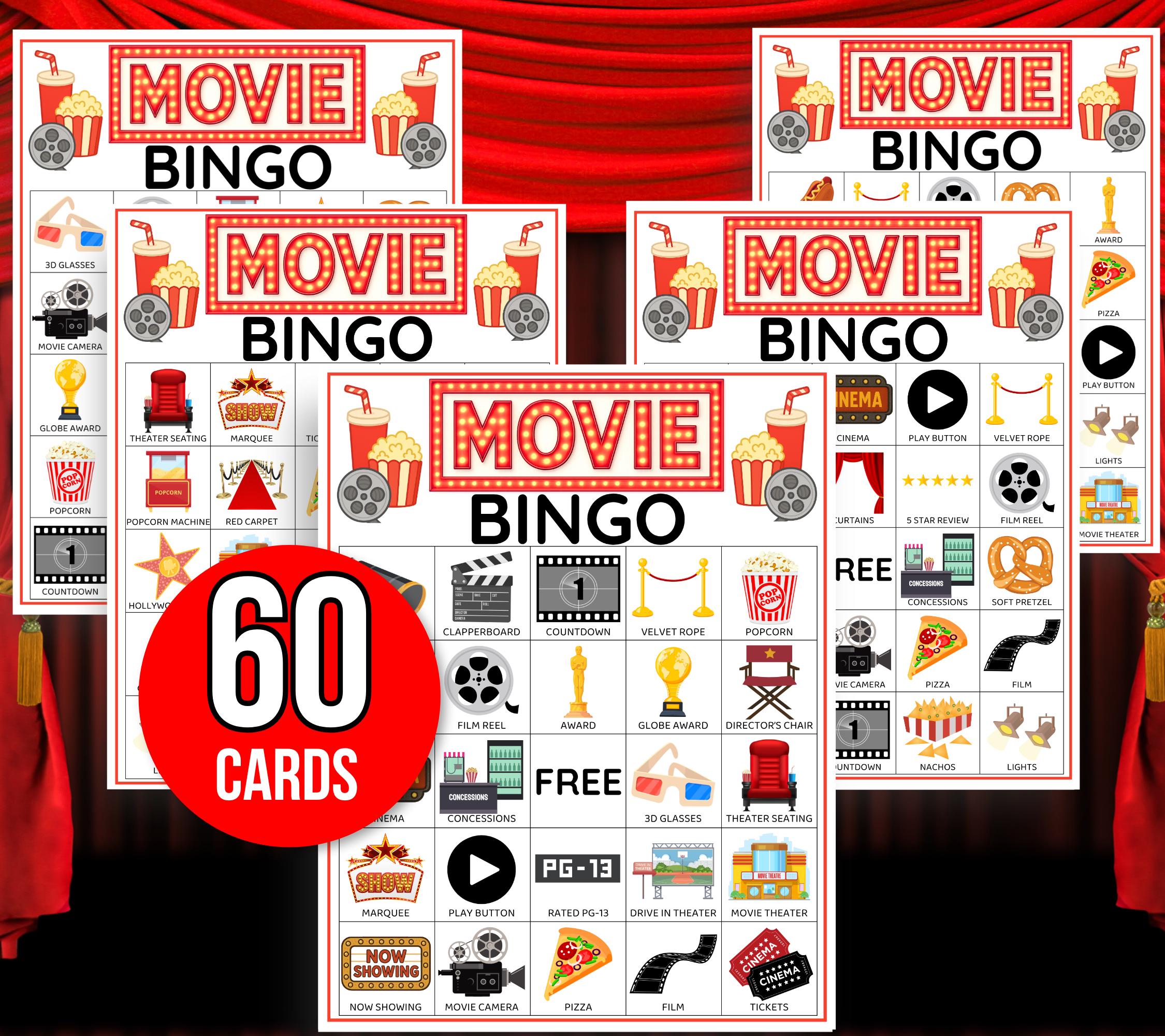 Movie Bingo, 60 Movie Bingo Cards, Movie Night Bingo, Cinema Bingo ...