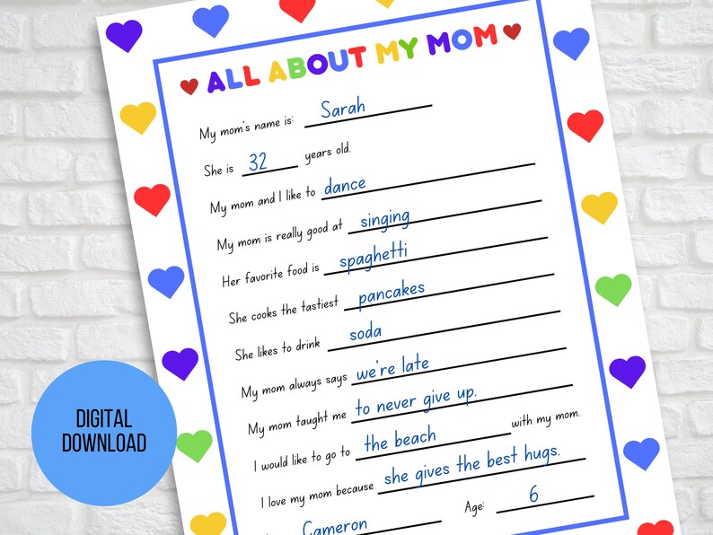 All About My Mom Fill in the Blanks Questionnaire - Etsy
